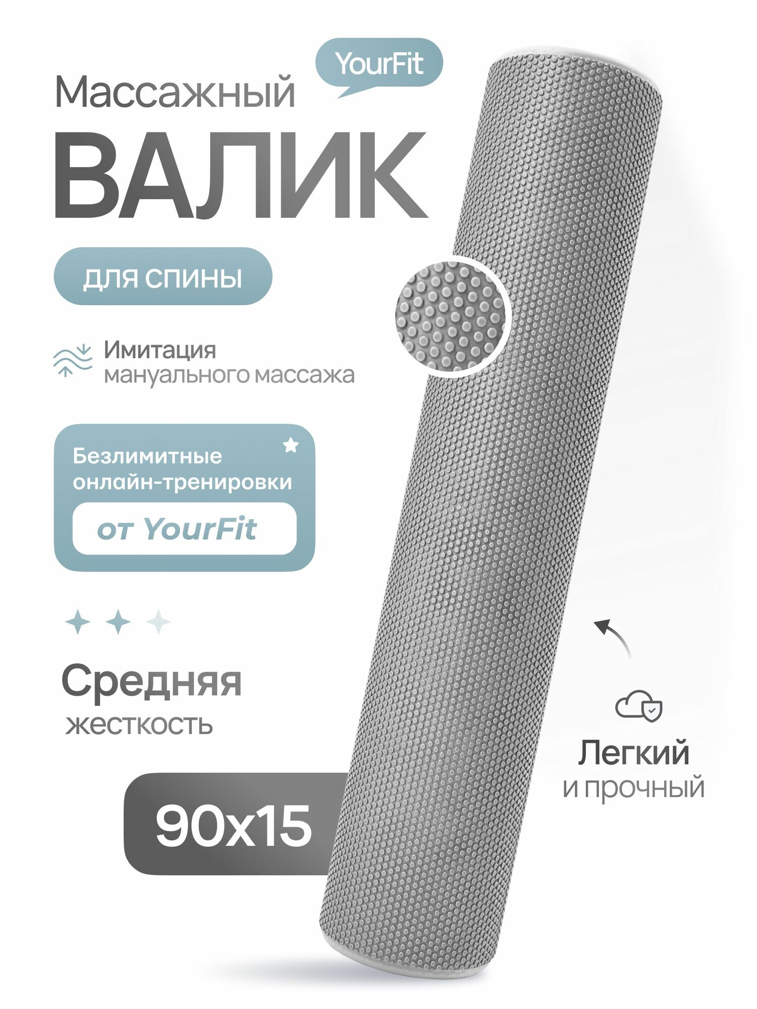 Валик для спины 90 см массажный YourFit, мфр ролл средней жесткости
