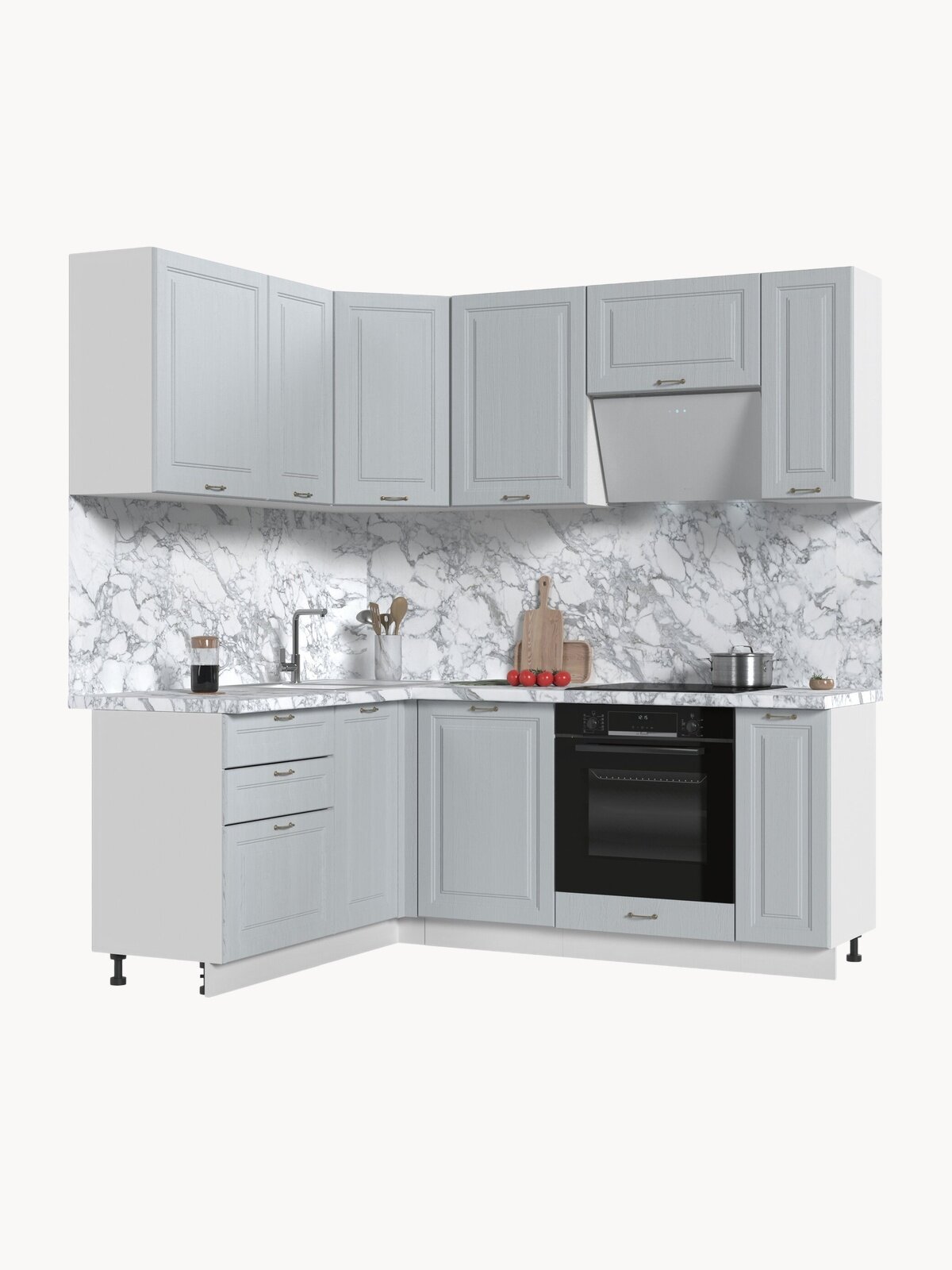 Кухонный гарнитур угловой, столешница Мрамор Итальянский 26мм, Кухня Франция 160х200см Белый/Серый Дуб фактурный