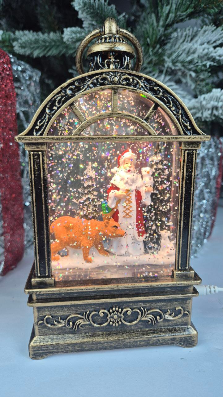 Новогодний фонарь-"Дед Мороз с совой и медведем", музыкальный, LED, 2 режима, USB, 3*ААА, 24*11*6 см, цвет броза