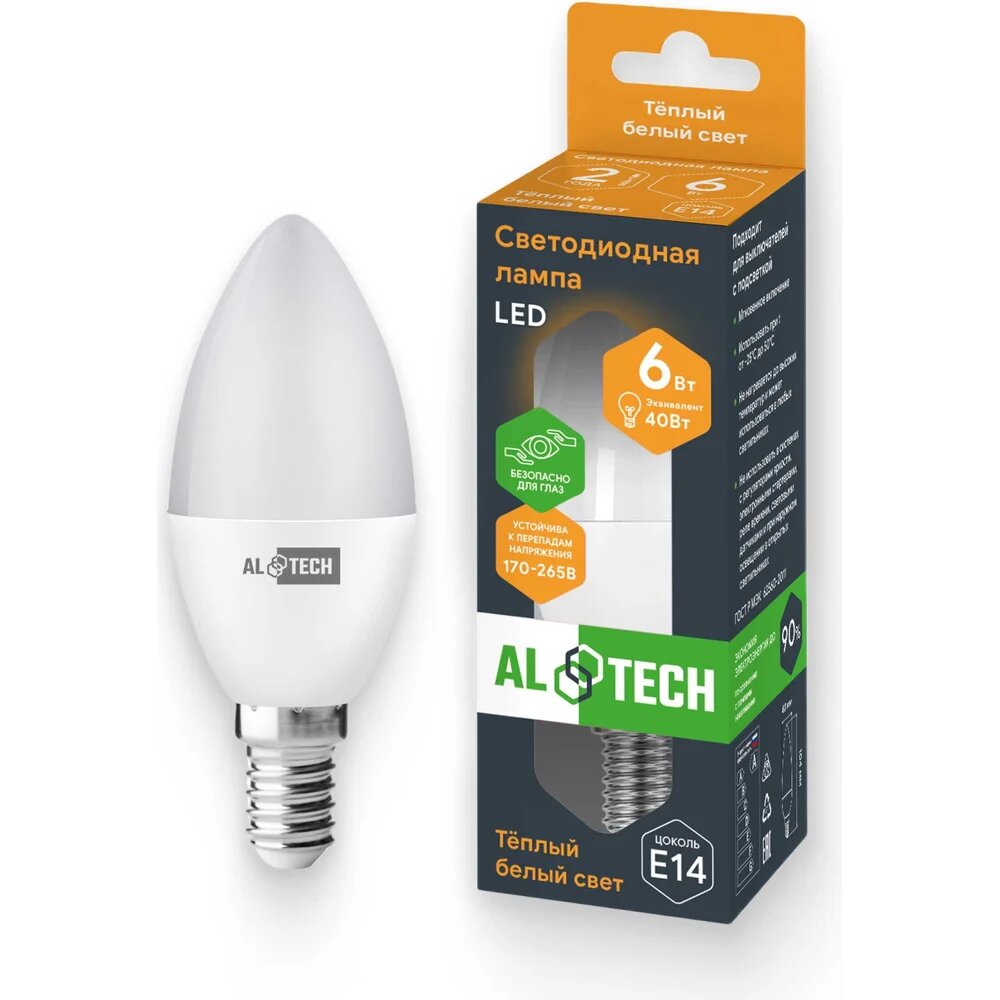 Лампочка светодиодная ALTECH LED С35-6W-830-E14 6Вт свеча теплый белый свет 4673758070005