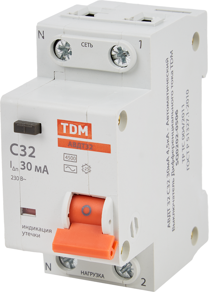 Дифференциальный автомат Tdm Electric АВДТ-32 2P C32 A 30 мА 4.5 кА AC