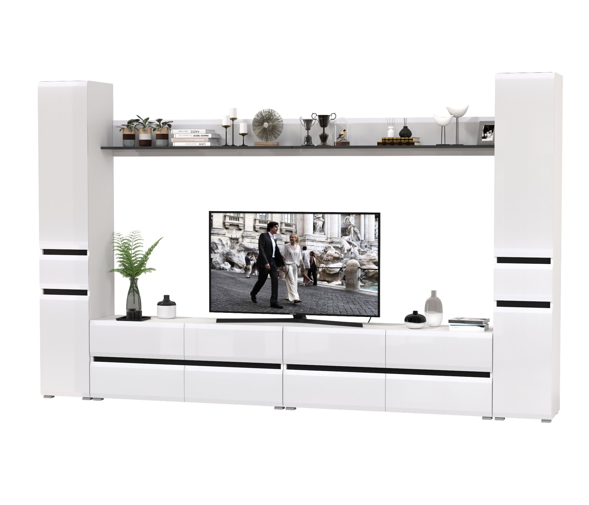 Мебельная стенка Моби Сидней № 106, цвет белый/чёрный/МДФ белый глянец, 329,8х41,3х205,2 см.