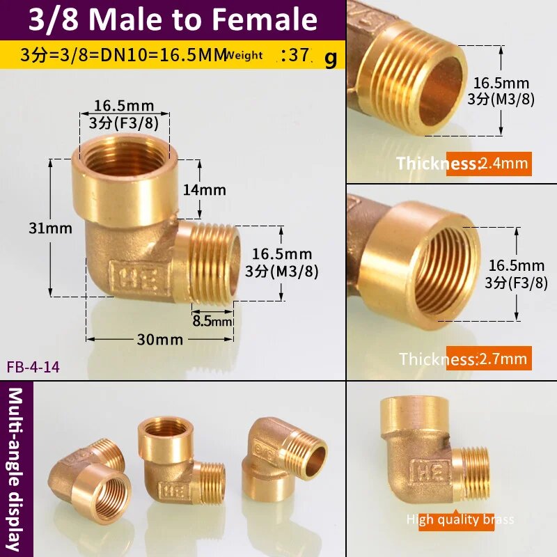 Латунные фитинги для труб 90 градусов 3l8 Male to Female