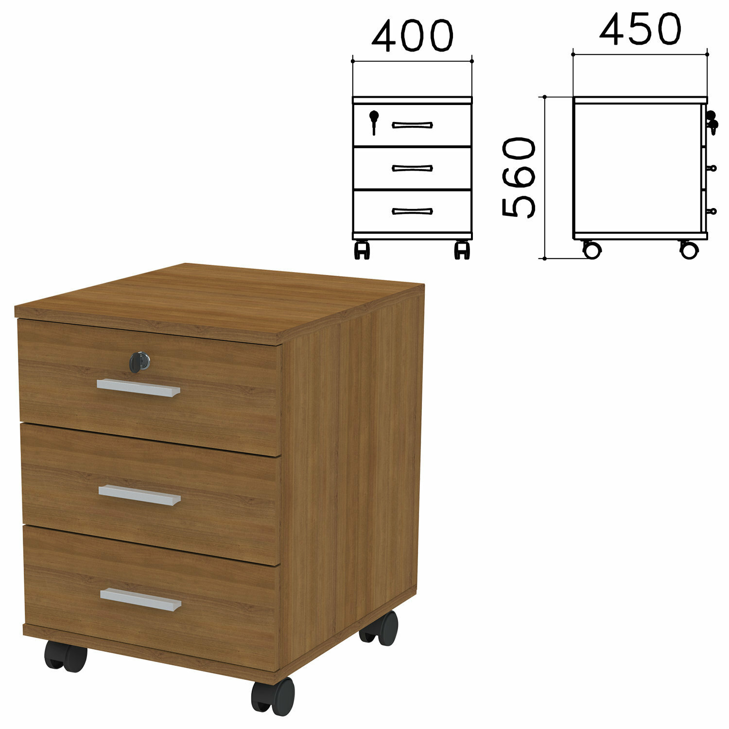 Тумба подкатная канц 400х450х560 мм, 3 ящика, замок, цвет орех пирамидальный (ТК29.9)
