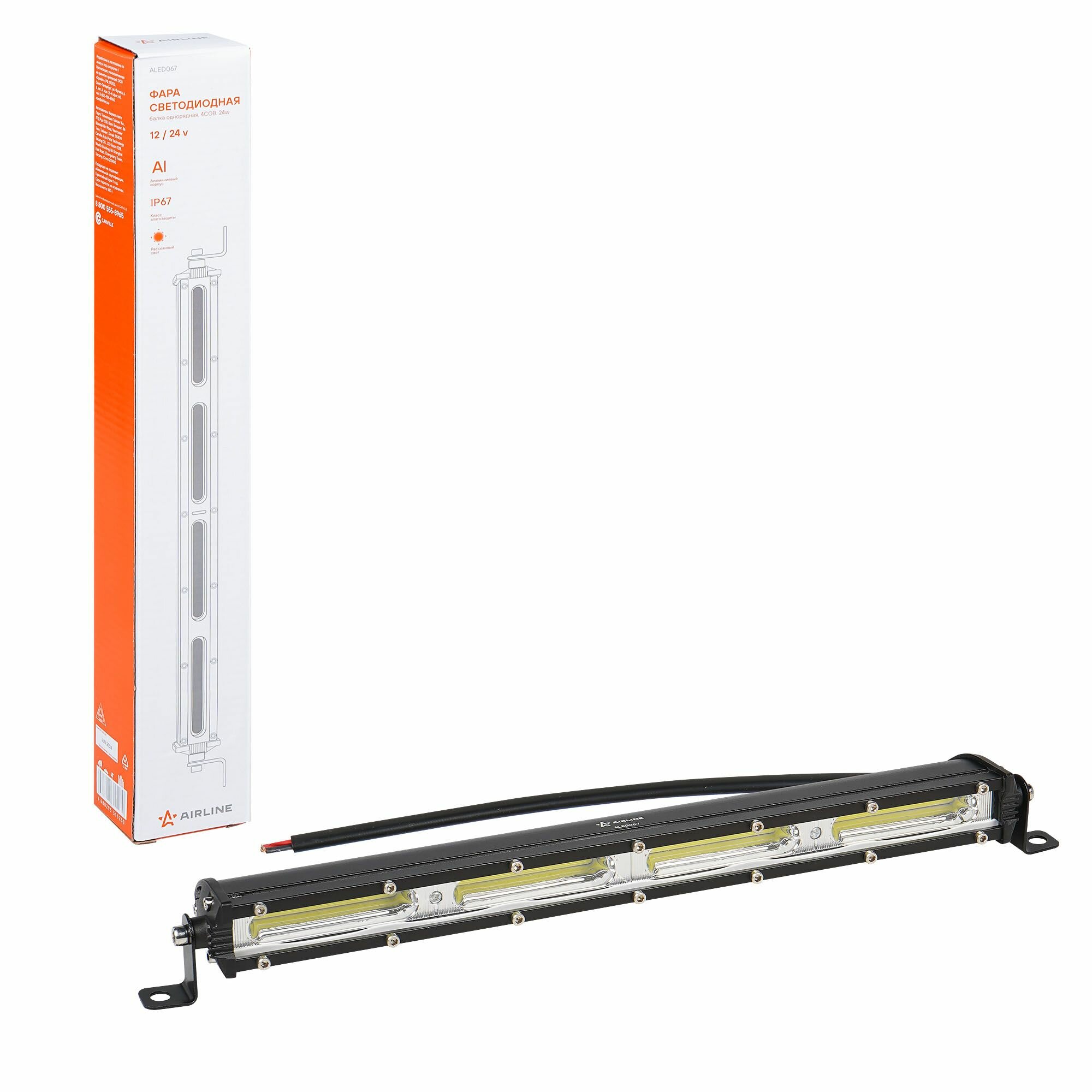 Фара светодиодная (балка) однорядная, 4COB (48 LED) направленный свет, 24Вт, 12/24В, Airline ALED067