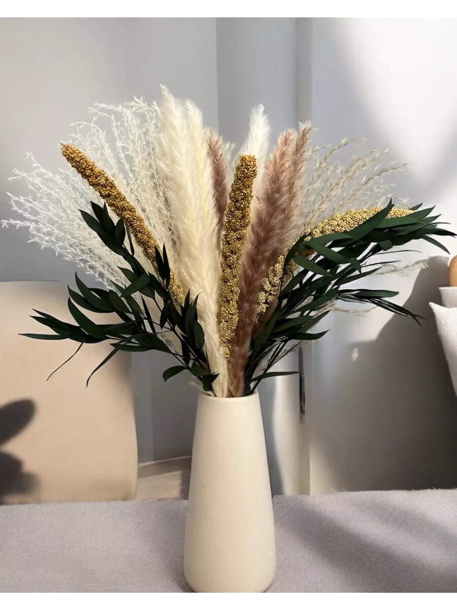 Сухоцветы GrassFlow, эвкалипт/мискантус/сетария, высота 40см, коричневые, зеленые, белые