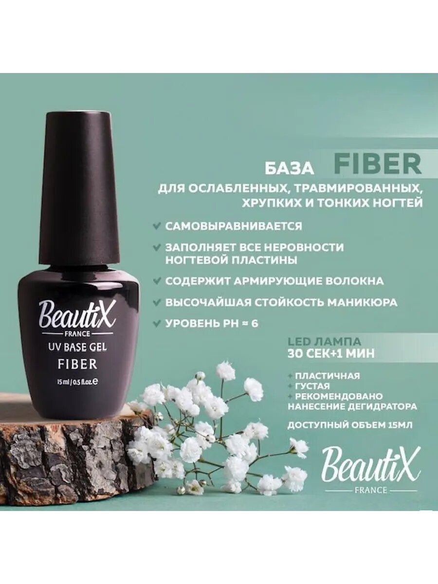 Базовое покрытие Beautix Fiber, для ногтей, армирующие волокна, прозрачное, 15 мл
