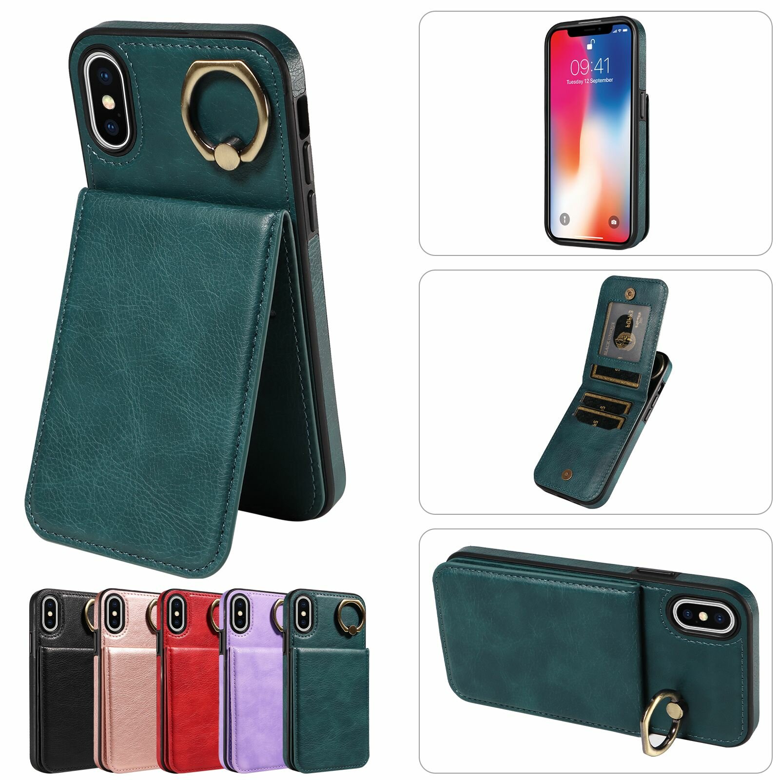 YIKATU Кожаный чехол для Apple iPhone X / iPhone XS (Айфон Х / Айфон ХС) с карманом/держателем для карт/подставкой-кольцом, вертикальная/горизонтальная стойка