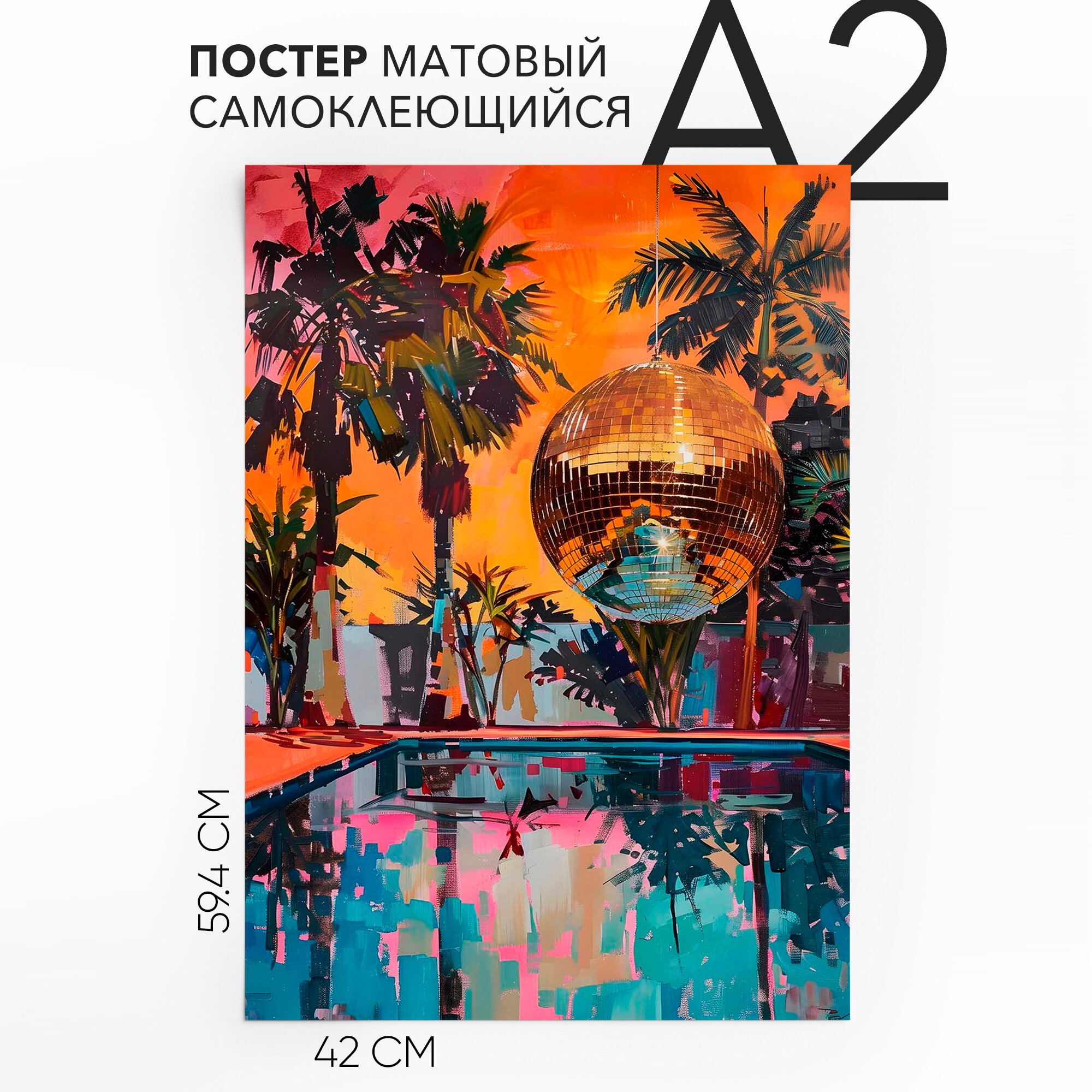 Постер на стену самоклеящийся, большой A2 Бассейн и дискошар, влагостойкий, для декора