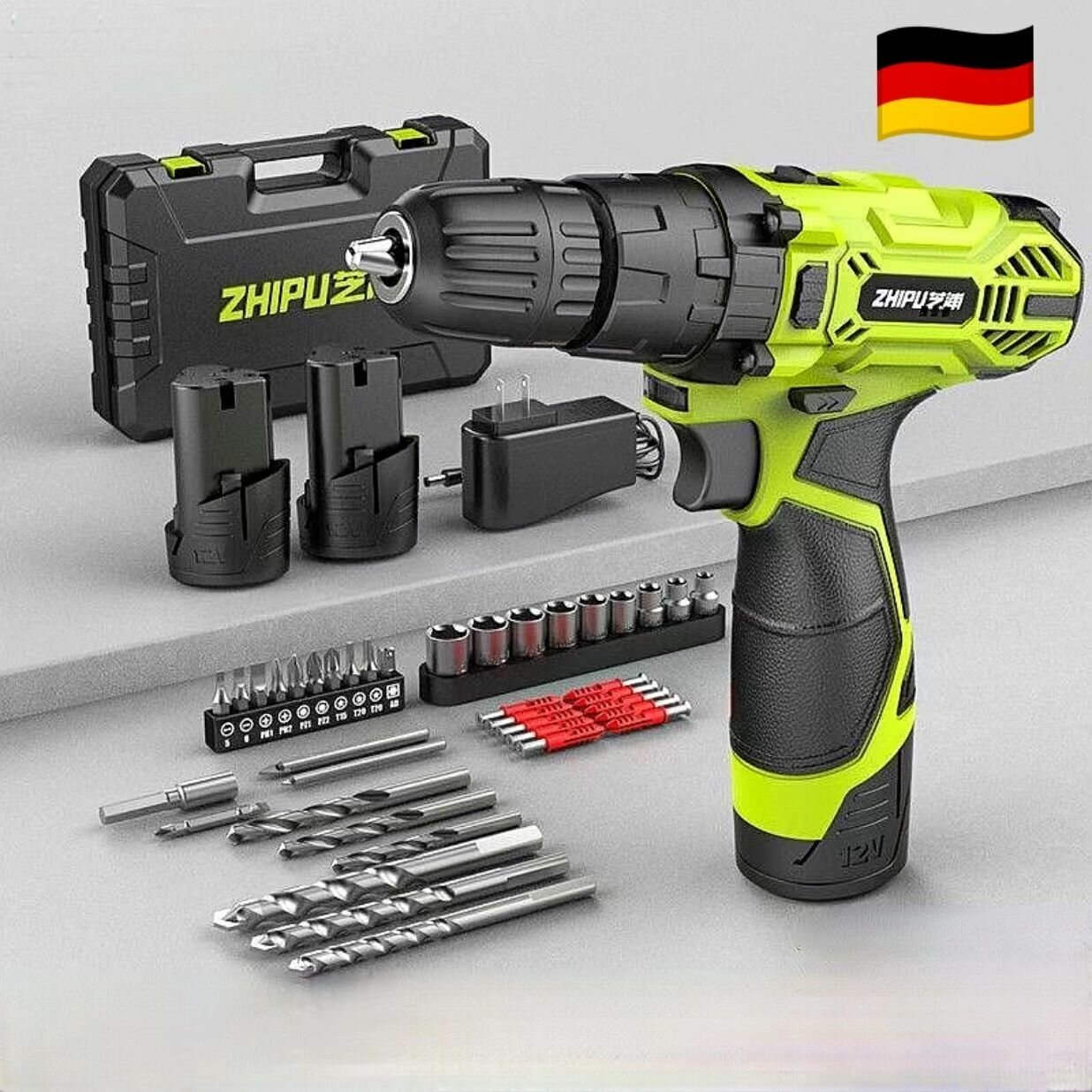 Дрель-шуруповерт ZHIPU Германия, От аккумулятора, 12 В, 30 Нм, 1 АКБ