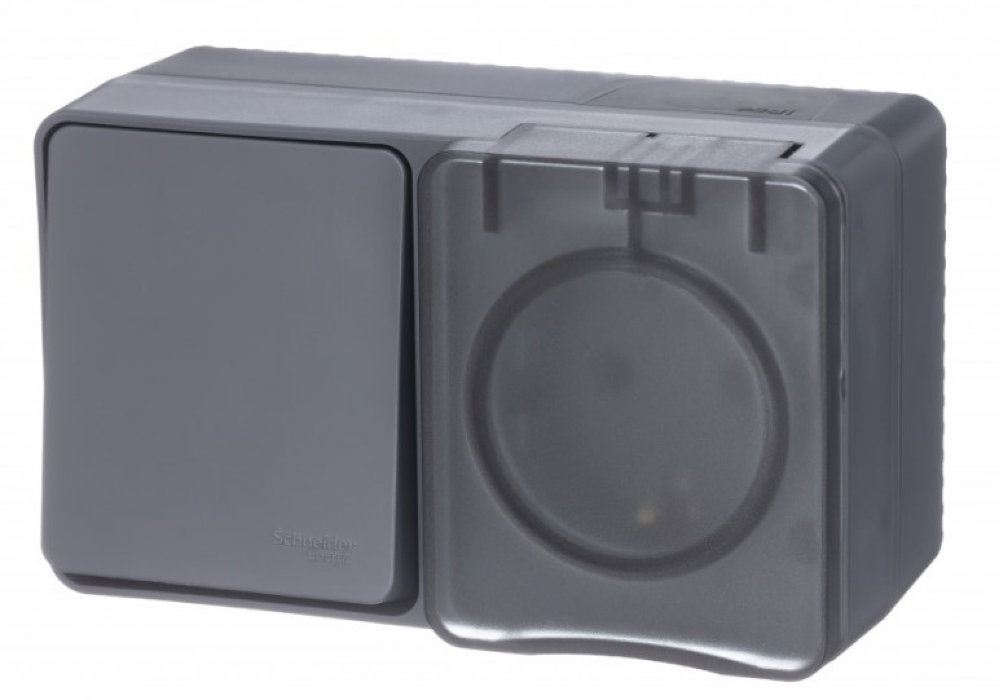 Блок System Electric / Систем Электрик AtlasDesign Profi IP54 розетка и выключатель одноклавишный из поликарбоната, антрацит, 250В, 10/16А, размером 121×60×56мм / электрика