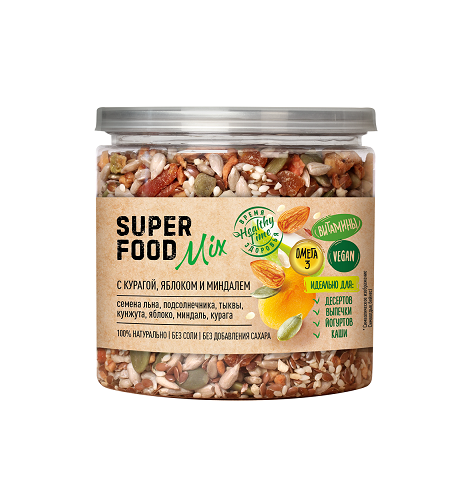 Смесь семян SUPER FOOD Mix с курагой, яблоком и миндалем /пл. банка с ключом/ 270г
