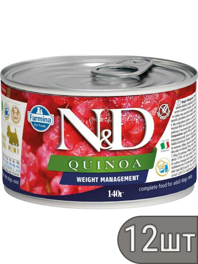 Farmina Набор 12 шт N&D Quinoa консервы для собак MINI контроль веса, 140г 1.68 кг