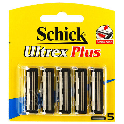 Schick Сменные кассеты "Ultrex Plus", 2-лезв, увл. полоска, система очистки Push/Clean (5 сменных кассет)