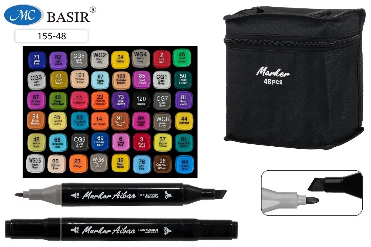 Маркеры Mc Basir для скетчинга, 48 цветов, пулевидные двусторонние, 1-7 мм (155-48)