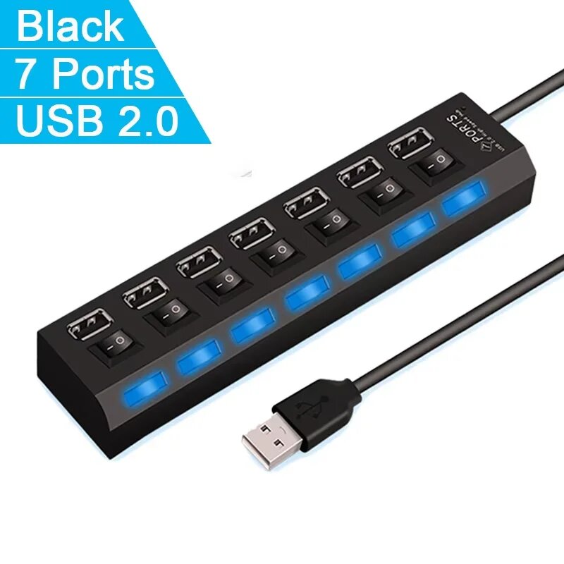 USB 2.0 концентратор 7 портов, черный