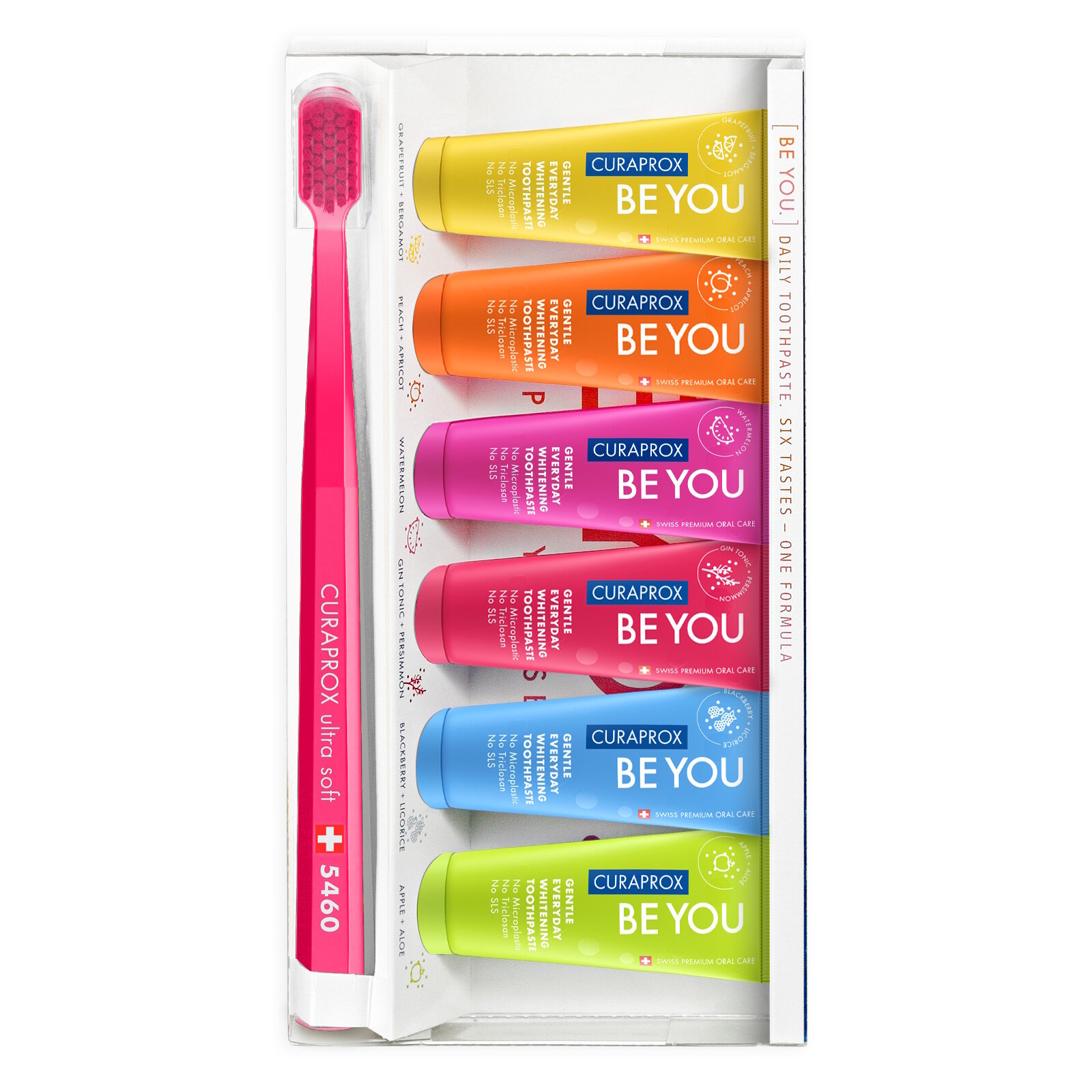 BE YOU Набор зубных паст Шесть вкусов, 6х10 ml + Ультрамягкая зубная щетка CS5460 (малиновая)