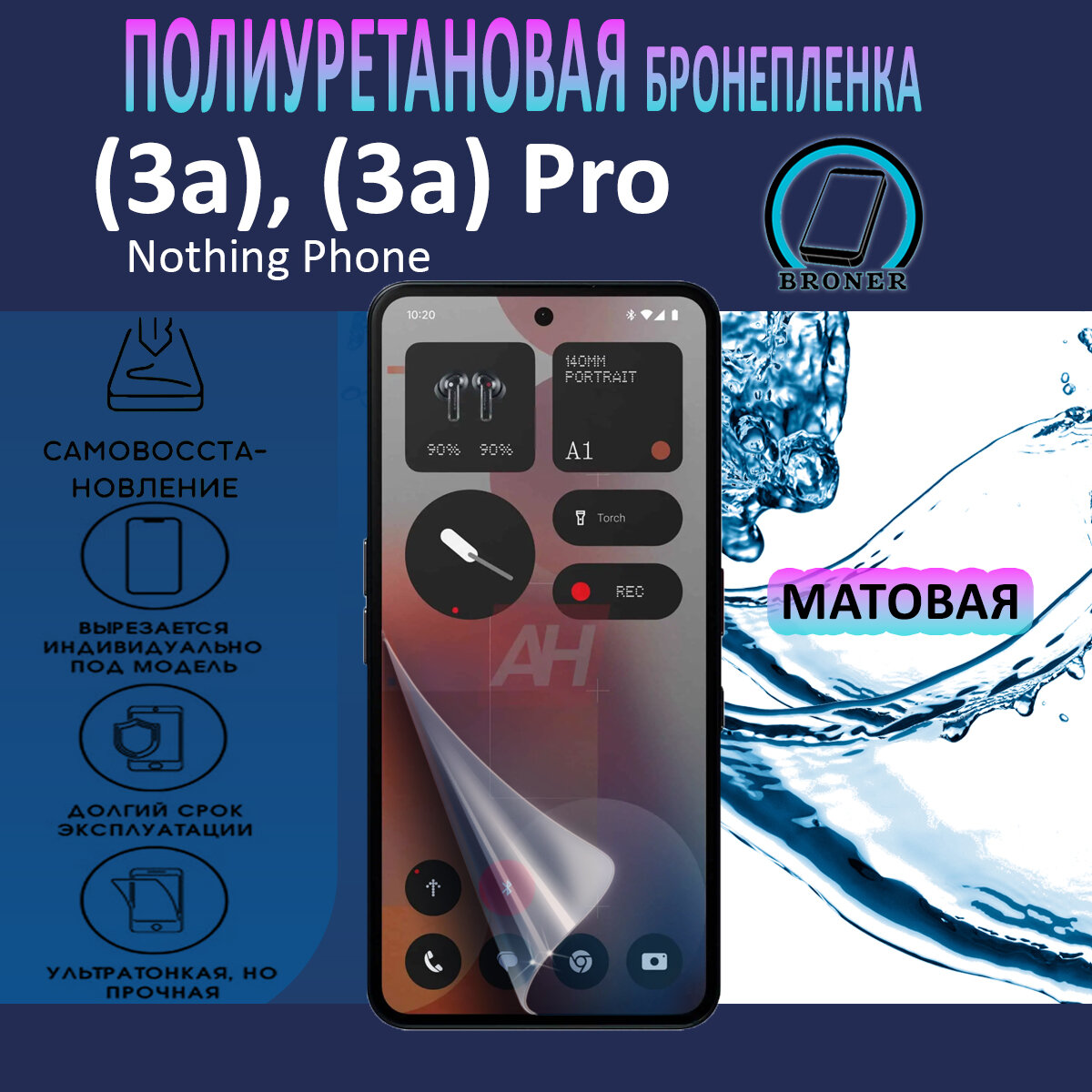 Полиуретановая бронепленка для Nothing Phone (3a), (3a) Pro, CMF Phone 2 Pro / 2 штуки / Защитная плёнка на экран, совместима с чехлом, с вырезом под камеру / Матовая
