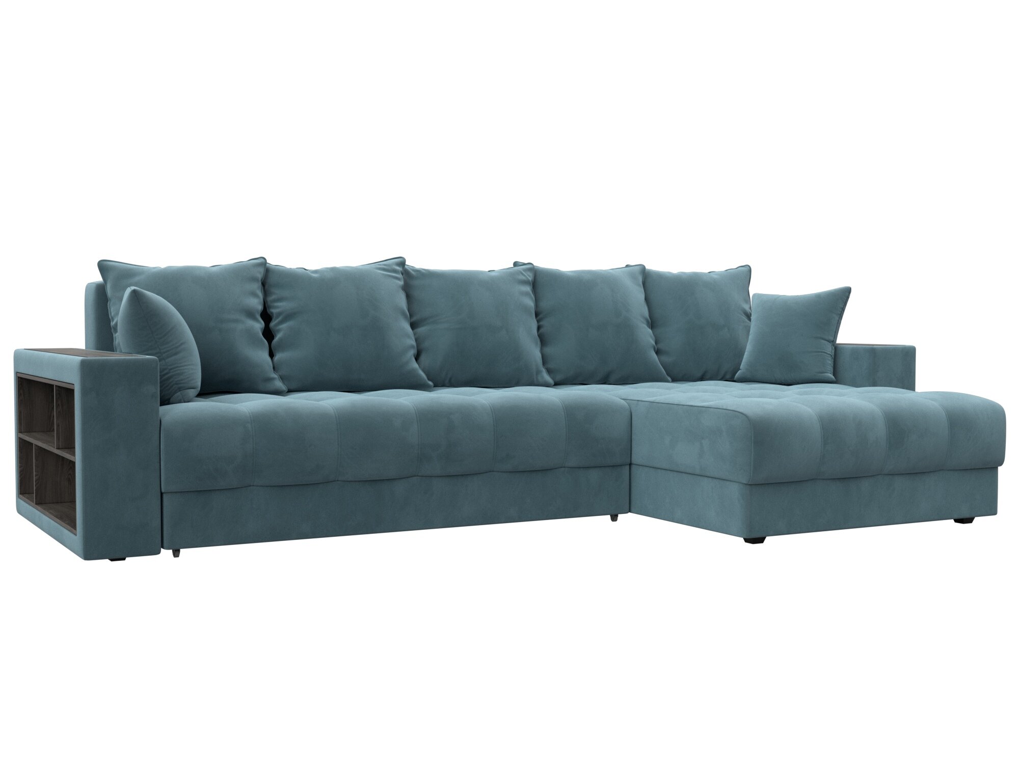 Диван угловой с декором и полкой Лига-050 НПБ угол универсальный, велюр SEVEN 113 бирюзовый