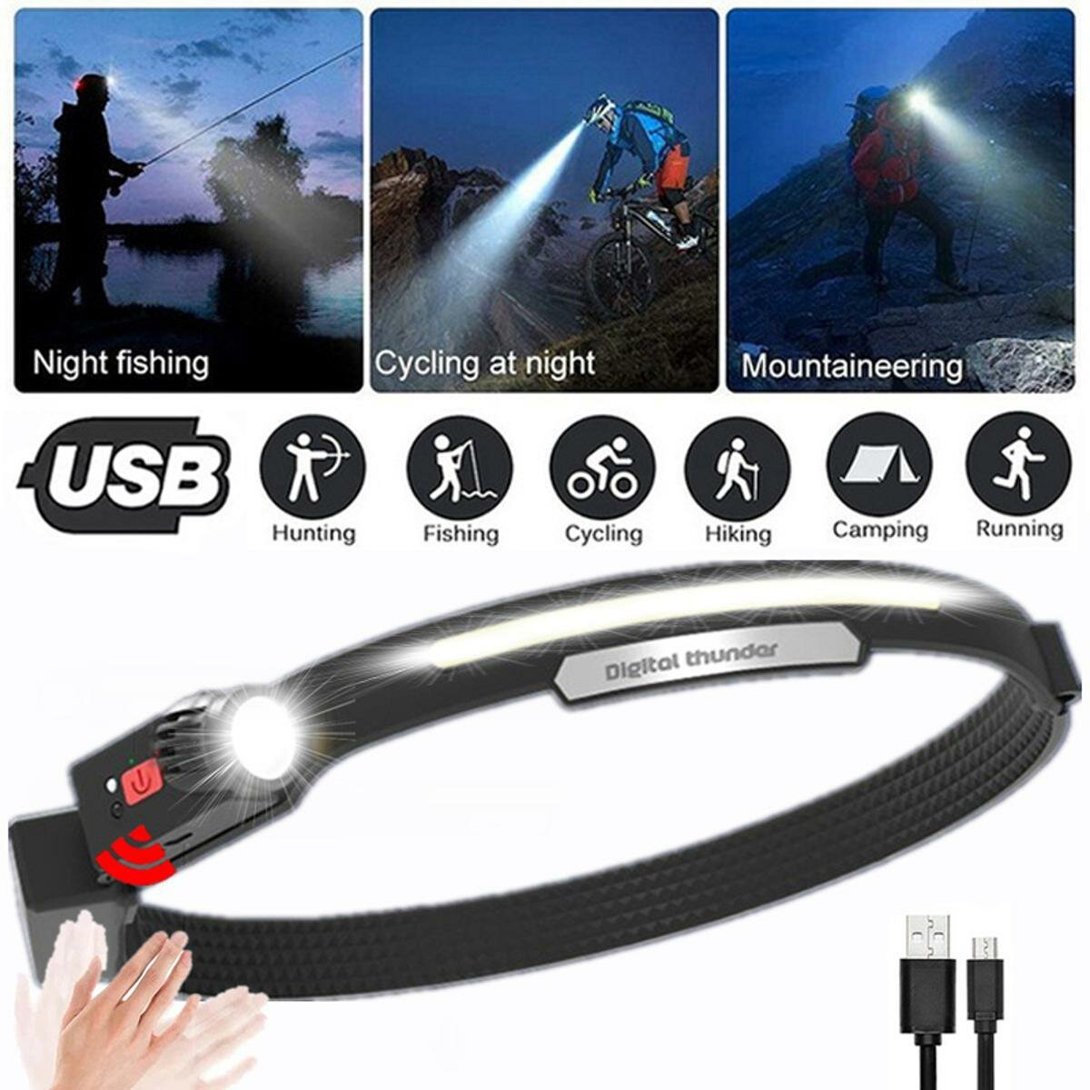 XPE COB Headlamp USB перезаряжаемый Headlight Wave Induction Head Lamp 4 режима освещения Silicone Head Light