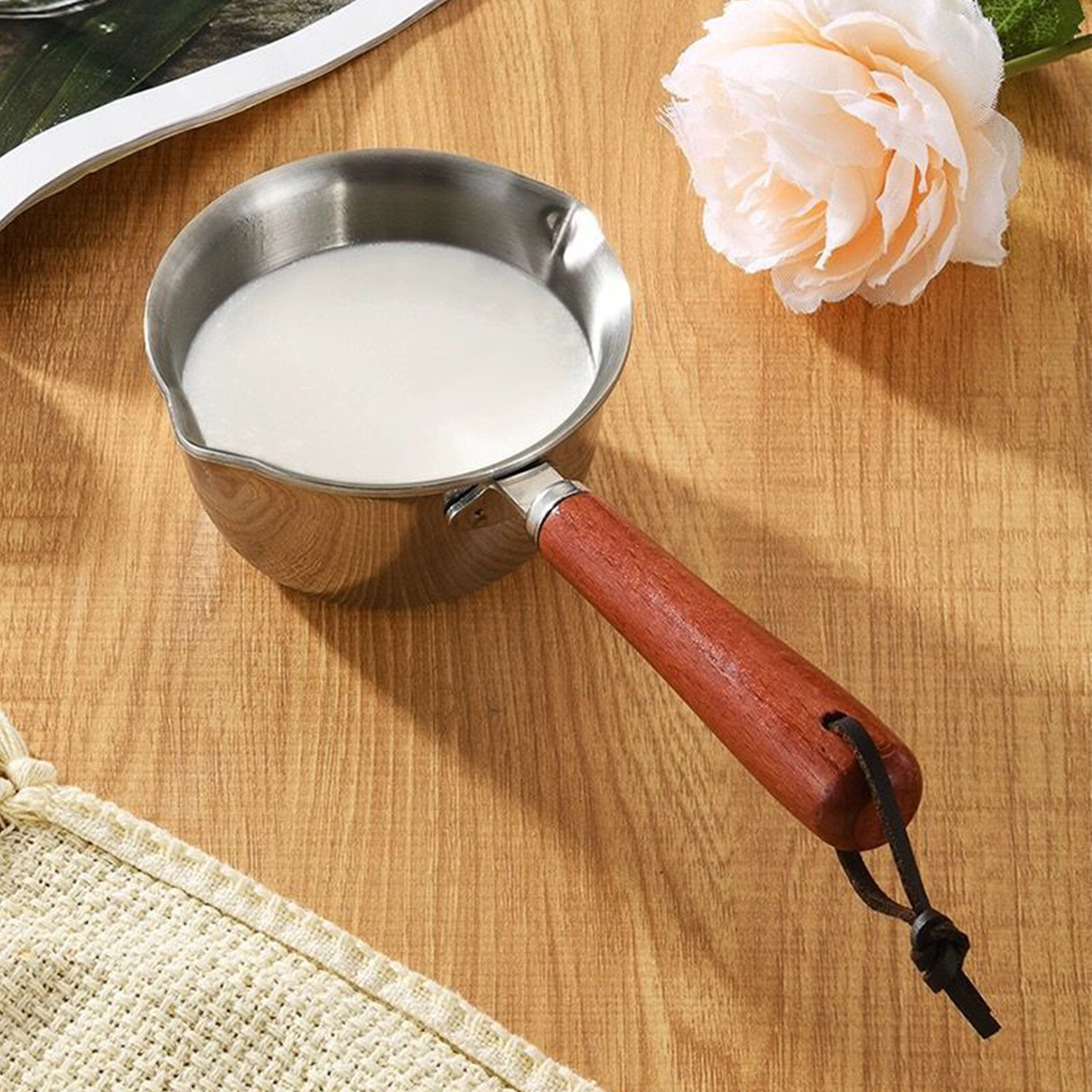 Мини-горшок для подогрева масла, кастрюля из нержавеющей стали для плавления масла, подогреватель молока с деревянной ручкой, двойной носик для жарки, сбрызгивания, 180 мл