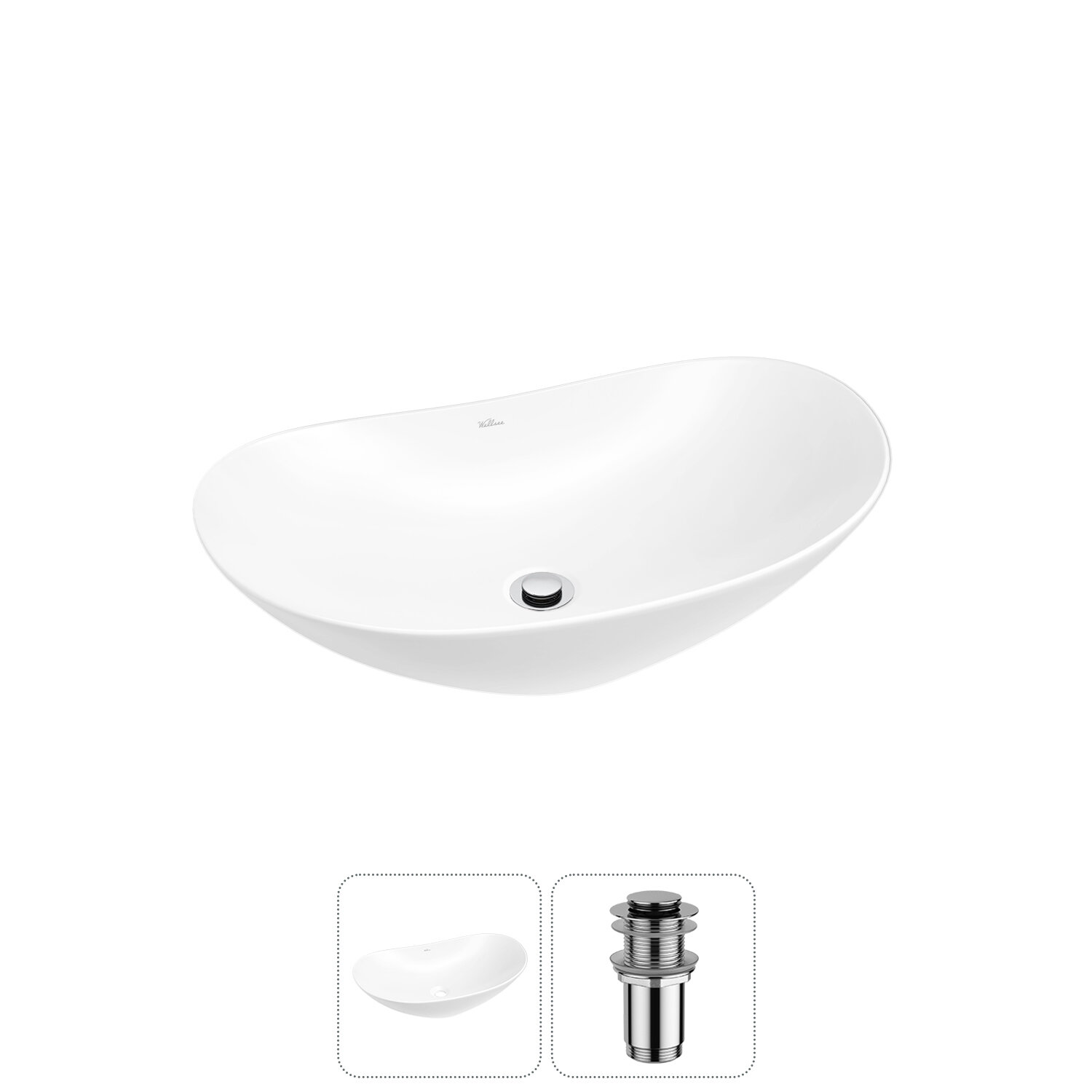 Накладная раковина в ванную комнату Wellsee Carefree Dove 20212265R в наборе 2 в 1: раковина 53 см в цвете белый глянец, донный клапан в цвете хром