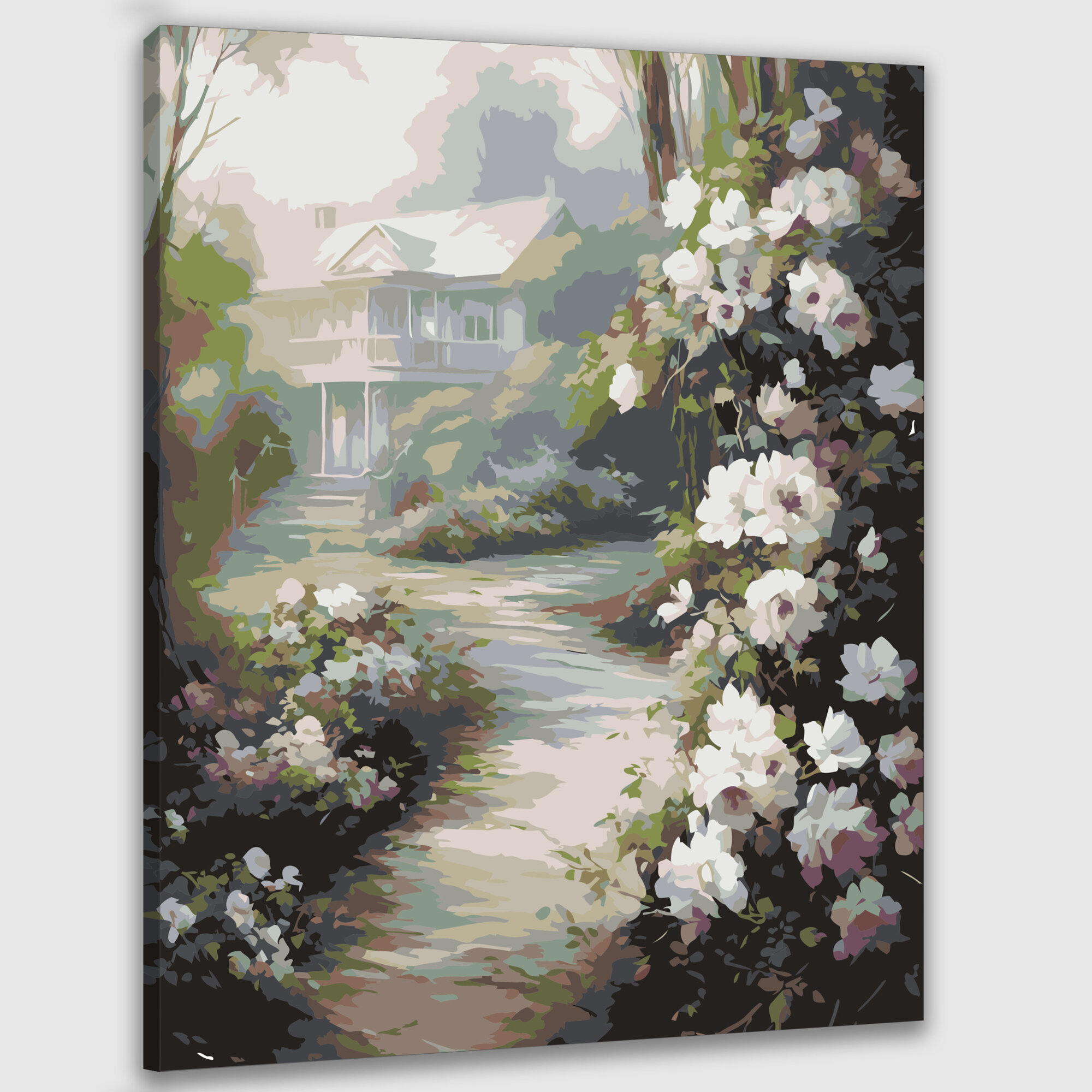 Картина по номерам 40x50 см, картина маслом, сад, розы, тюльпаны, маргаритки, цветы, лепестки, сияние, зеленая листва