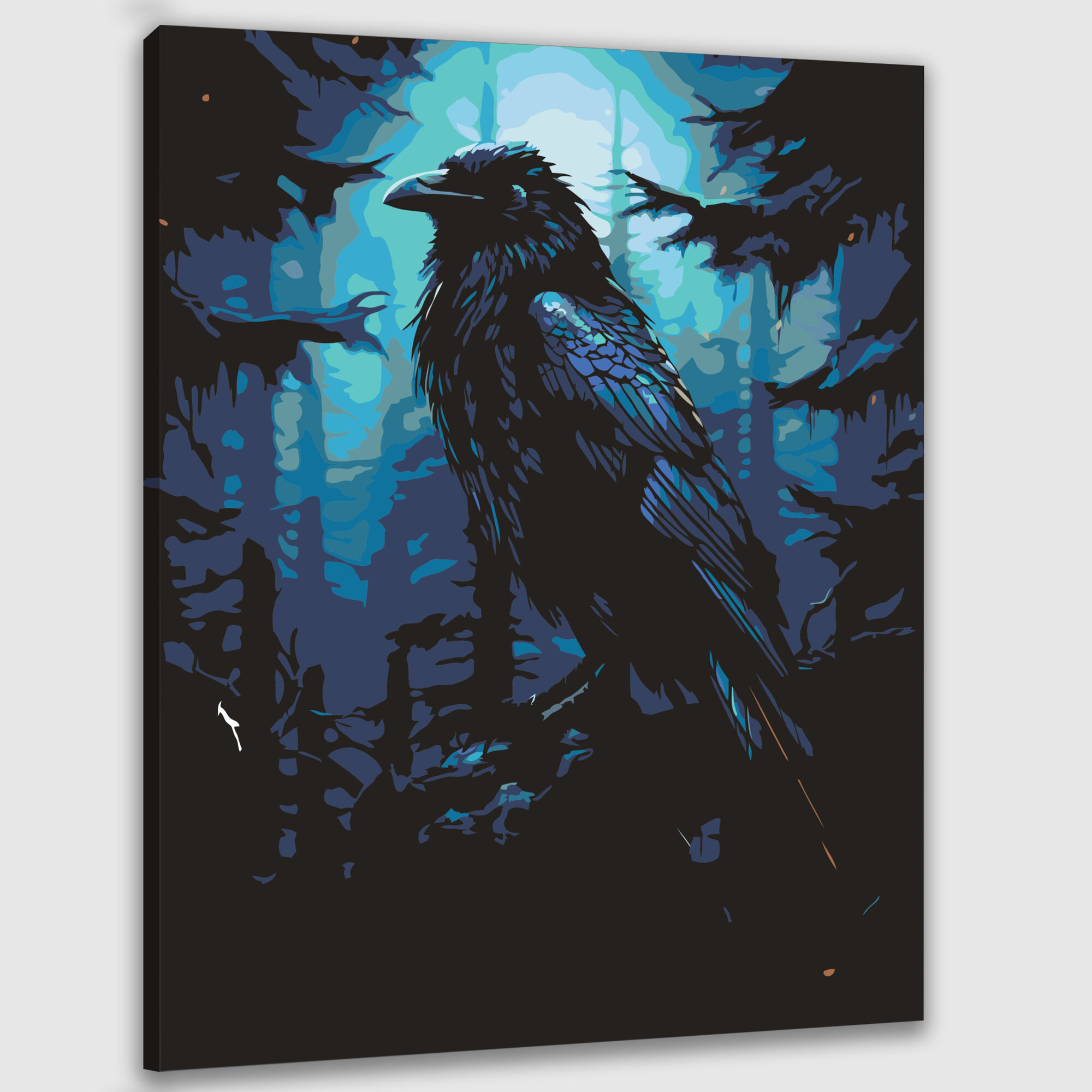 Картина по номерам 40x50 см, цифровая картина, ворон, черные перья, лунный свет, сучковатая ветка, густой лес, тайна