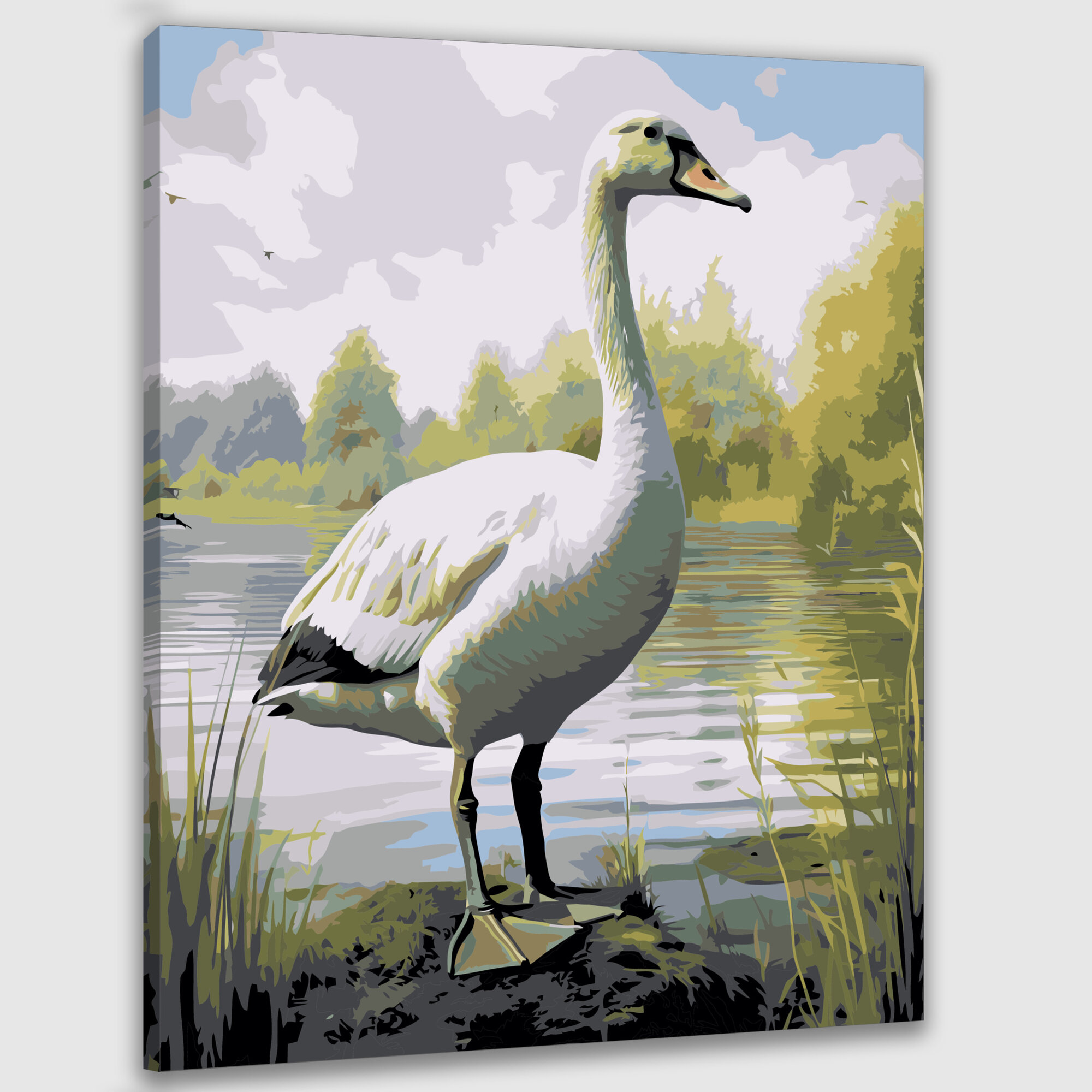 Картина по номерам 40x50 см, гусь, озеро, перья, ветерок, зелень, фон, вода, ландшафт, детали оперения, красота, грация