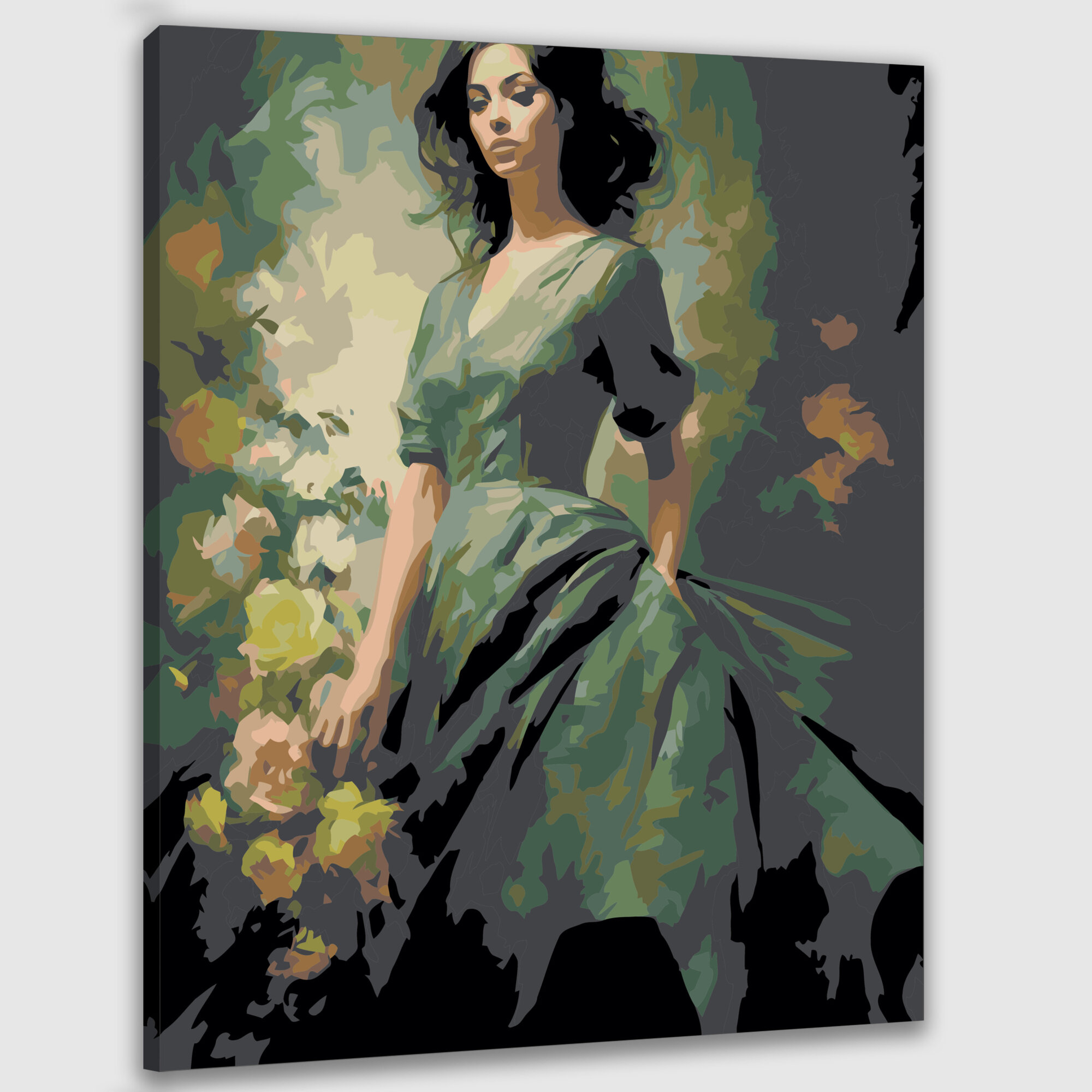 Картина по номерам 40x50 см, картина, масло, женщина, платье, зеленое, мазки кисти, текстура, глубина, фон, цветы