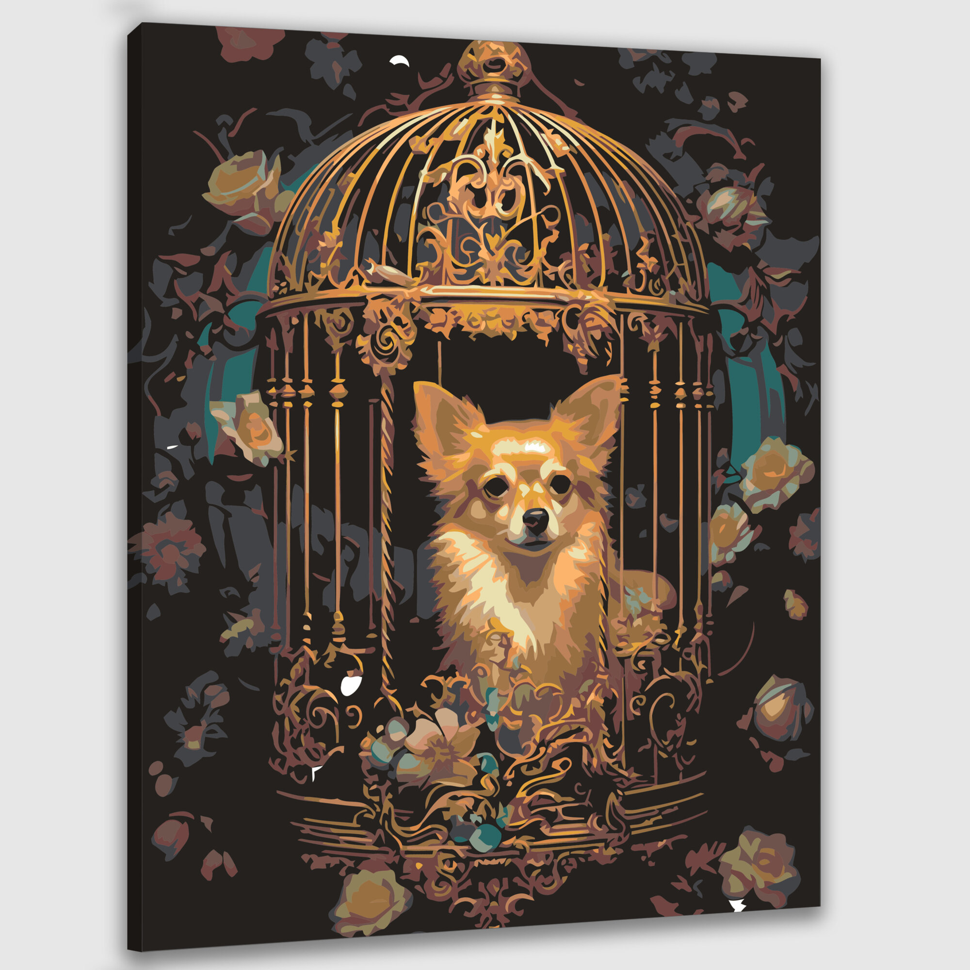 Картина по номерам 40x50 см, картина, масло, собака, золотая клетка, глаза, любопытство, тоска, детали, узоры, контраст