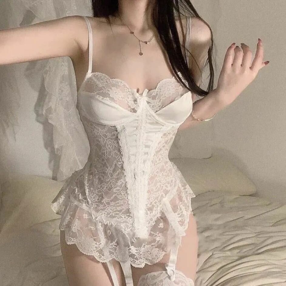 Сексуальное женское белье, сексуальное кружево, прозрачный слинг с открытыми плечами, цельный комплект + белые чулки