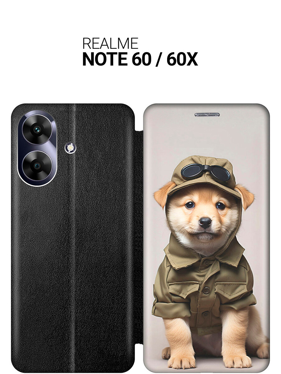 Чехол-книжка на Realme Note 60 / 60x с принтом "Щенок в форме" черный
