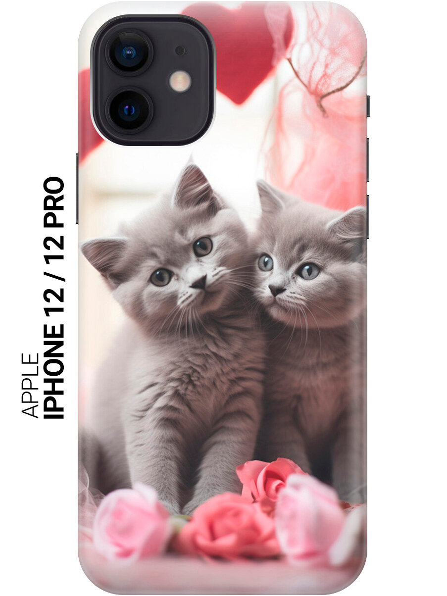 Силиконовый чехол на Apple iPhone 12 / 12 Pro / Эпл Айфон 12 / 12 Про с рисунком "Котики и сердечки"