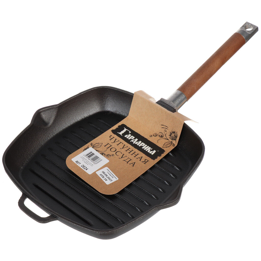 Сковорода-гриль чугун, 24 см, Гардарика, 0624, съем руч, с дерев ручк, индукц