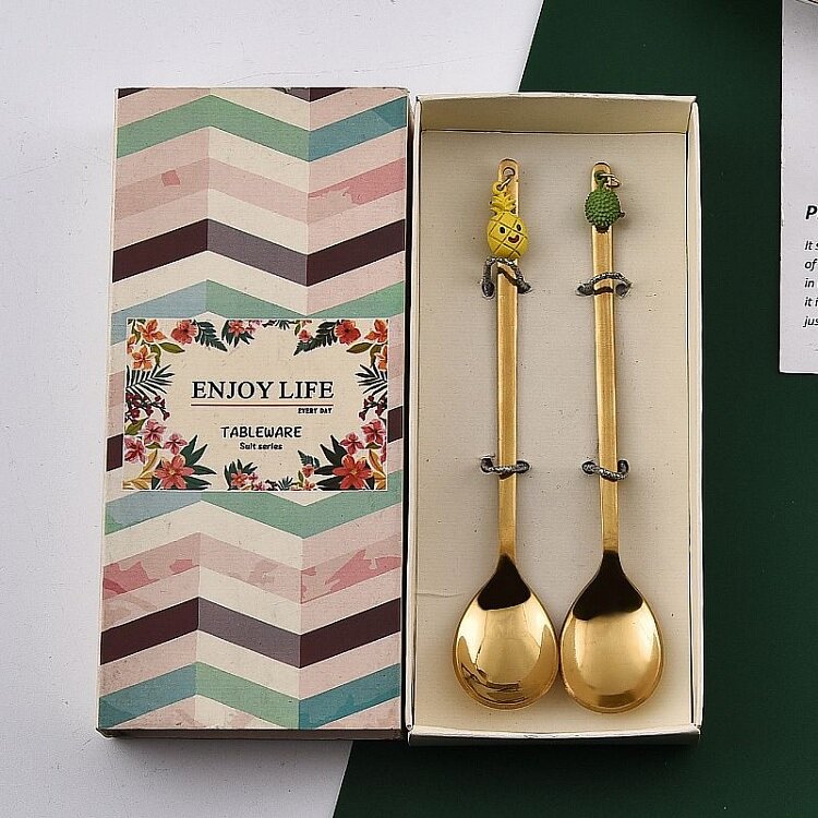 Подарочный набор десертных ложечек "Фрукты" Ананас / Золотистые 2 шт