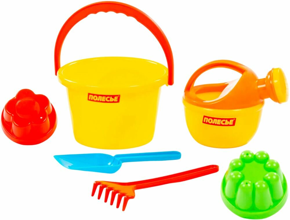 Песочный набор №205, в комплекте ведро, совок, грабли, 2 формочки и лейка, детские пластиковые игрушки для песочницы