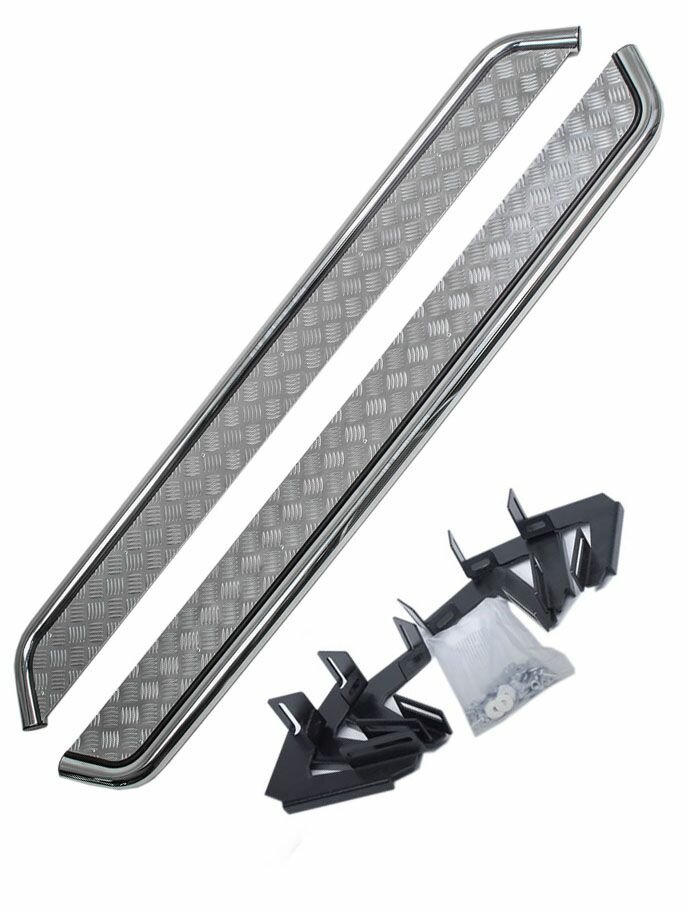 Пороги площадки нержавеющие с дюралевой площадкой для Mitsubishi Pajero Sport 1, Montero Sport (Митсубиси Паджеро Спорт 1, Монтеро Спорт) с креплениями