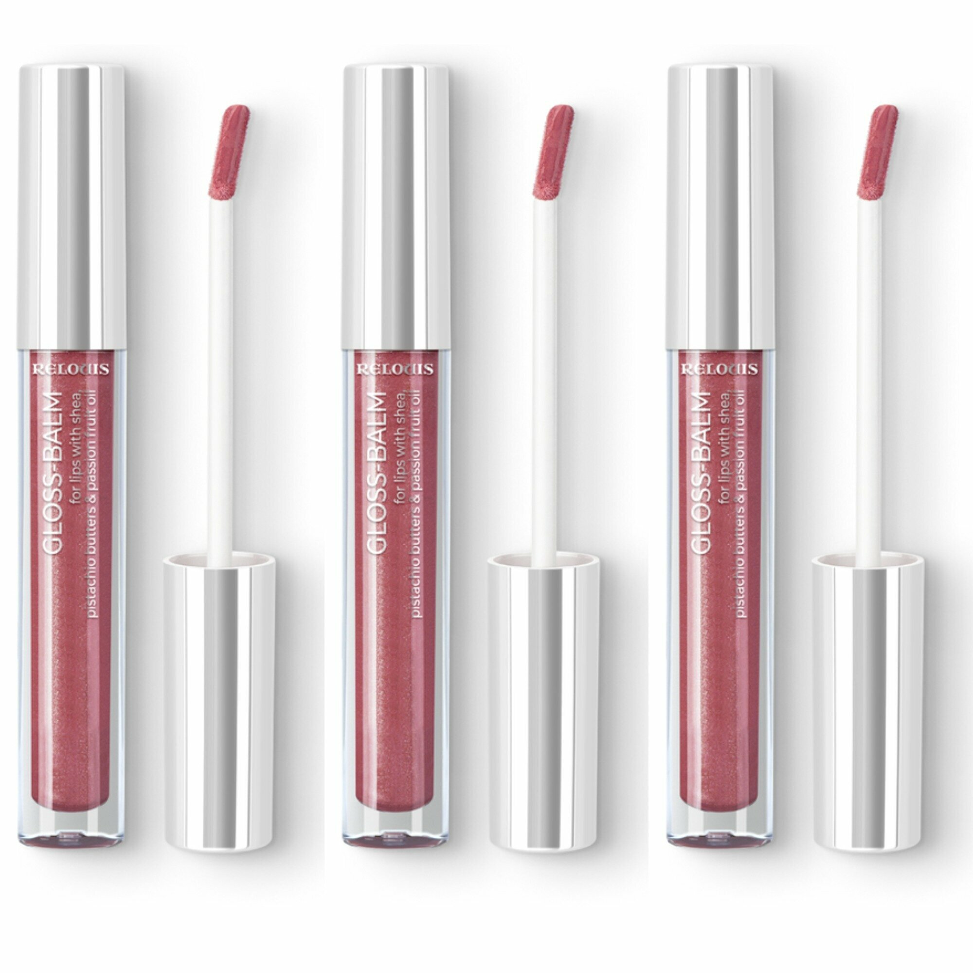 Блеск для губ Relouis, Gloss-Balm, с маслами ши, фисташки и маракуйи, влажный финиш, тон 12 Shiny Cherry, 5 мл, 3 шт