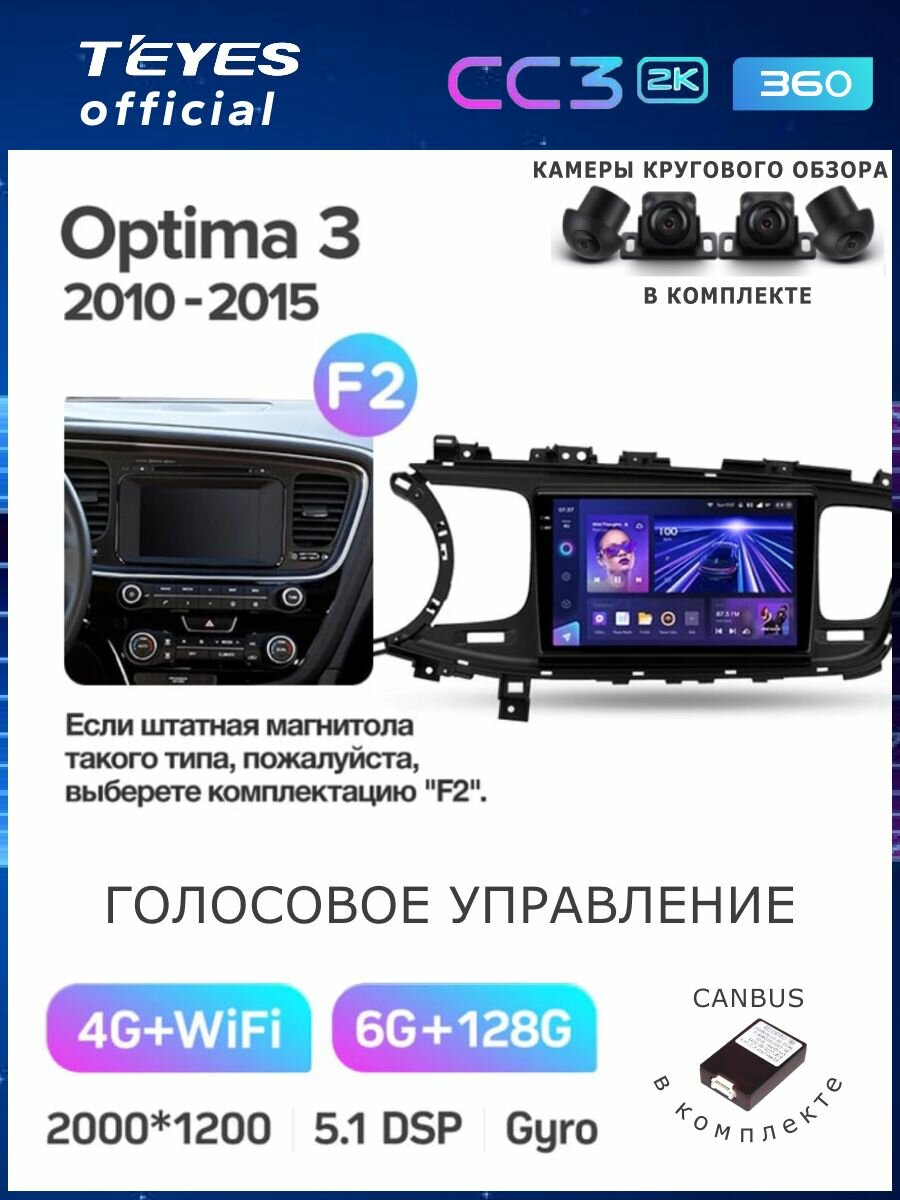 Магнитола Kia Optima 3 TF 2010-2015 (Комплектация F2) Teyes CC3 2K 360 6/128GB штатная магнитола круговой обзор 360 8-