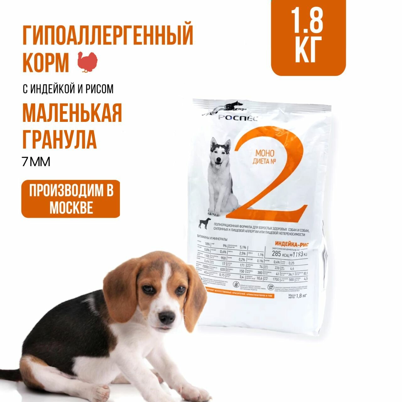 Сухой корм для собак мелких пород супер-премиум-класса РосПёс, Моно-диета №2, гипоаллергенный, индейка с рисом, 1,8 кг