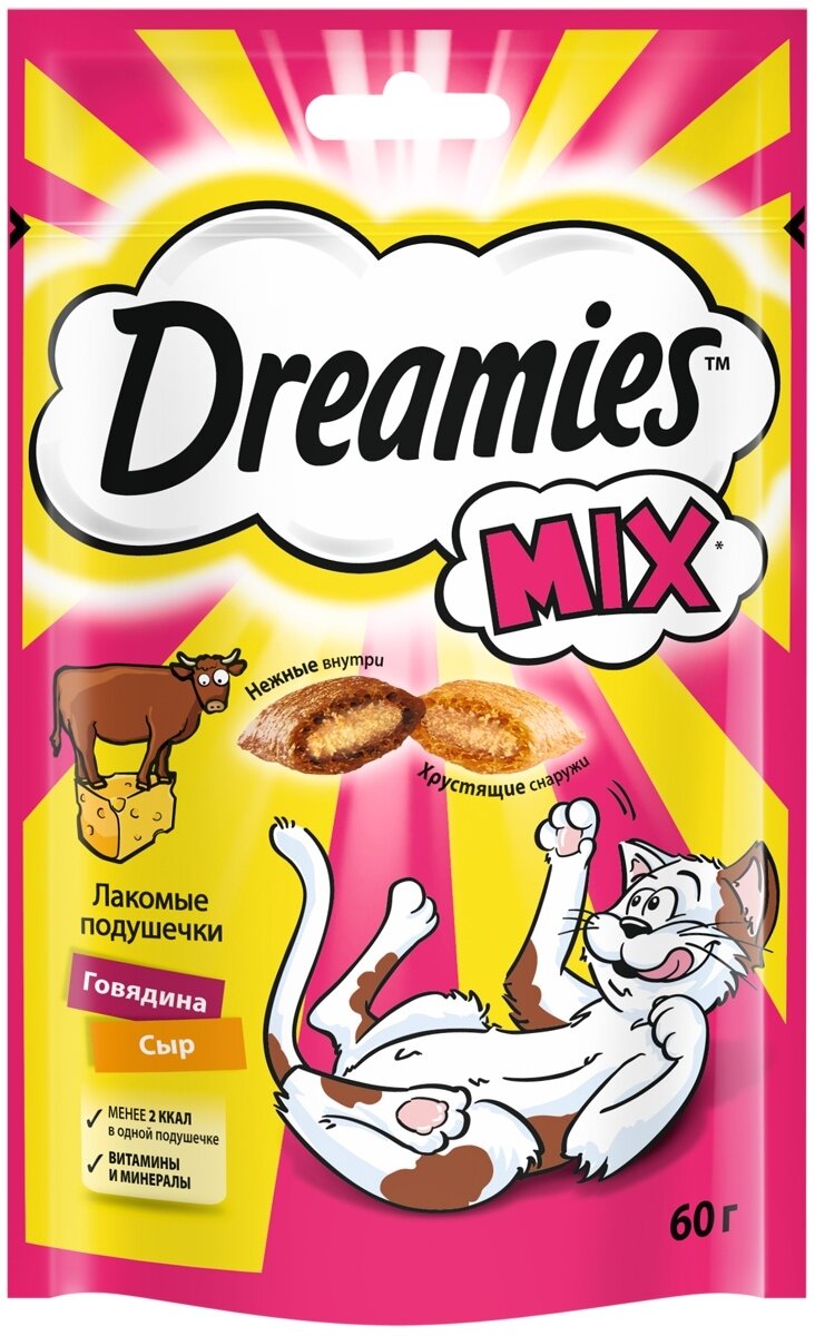 Лакомство для кошек Dreamies Подушечки Mix говядина, сыр 60г