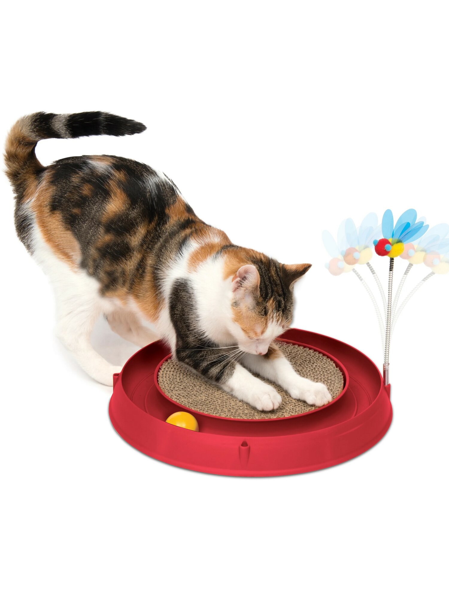 Когтеточка для кошек Catit Круглая, с мячиком и игрушкой-пчелкой красная