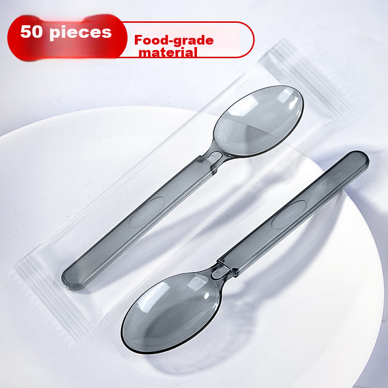 SHUANG YU Disposable Spoons, 50 Individually Wrapped, Soup Spoons, Plastic Rice Spoons, Soup Spoons, Tablespoons, Ice Cream Spoons, American Gray Spoons