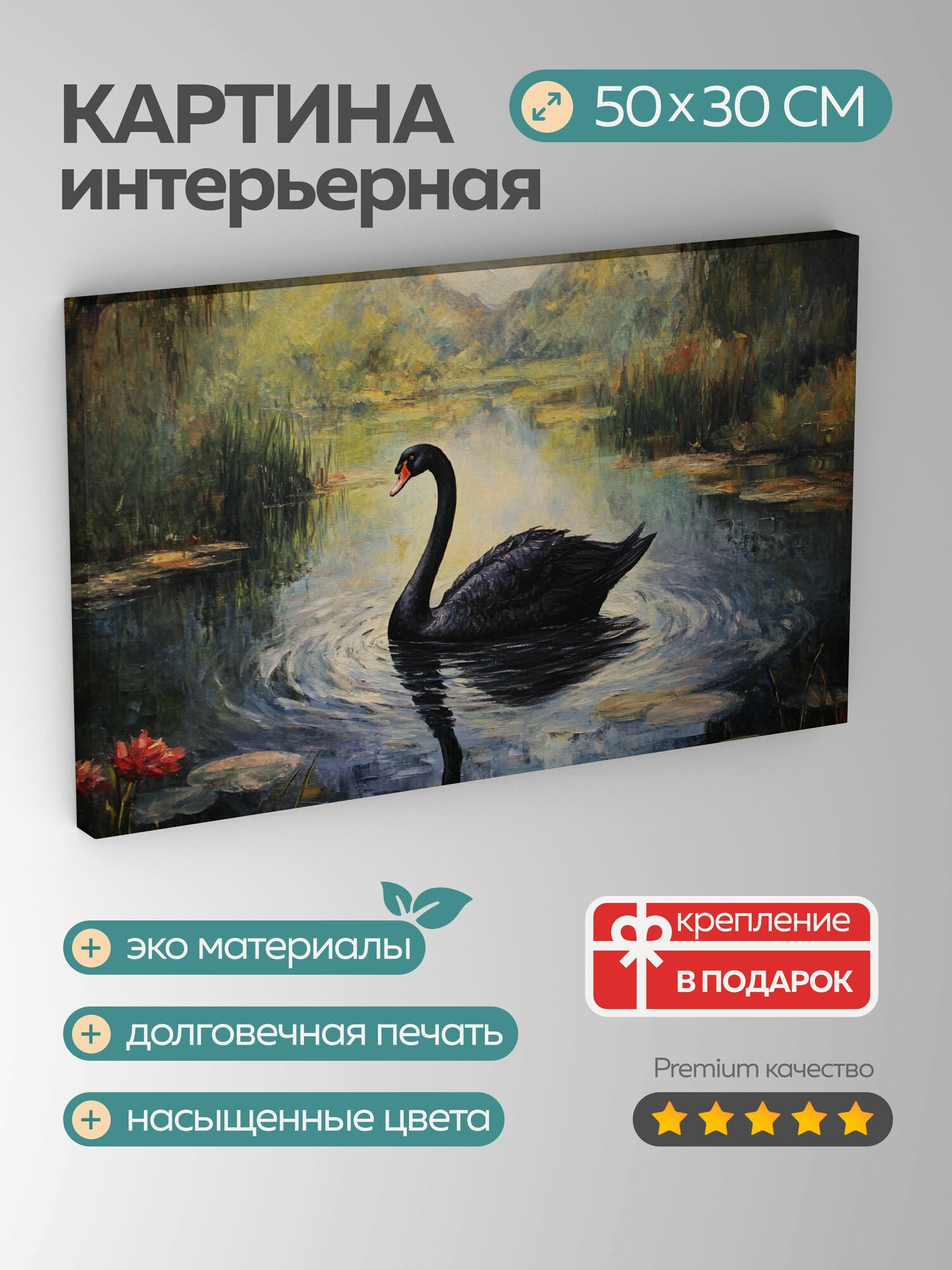 Картина на холсте интерьерная 50х30 см, картина, масло, черный лебедь, пруд, долина, цвета, мазки, осанка, уединенный