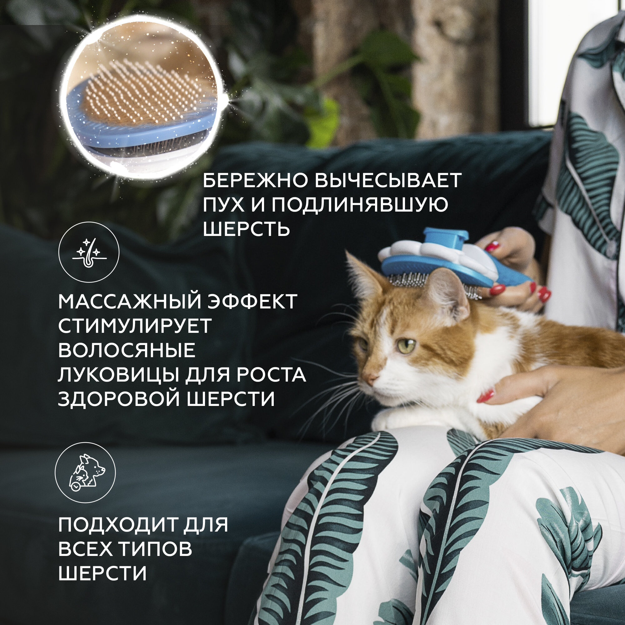 Пуходерка, расческа (дешеддер) для собак и кошек Markov с кнопкой самоочистки, щетка для вычесывания шерсти, чесалка и расческа для животных, голубая