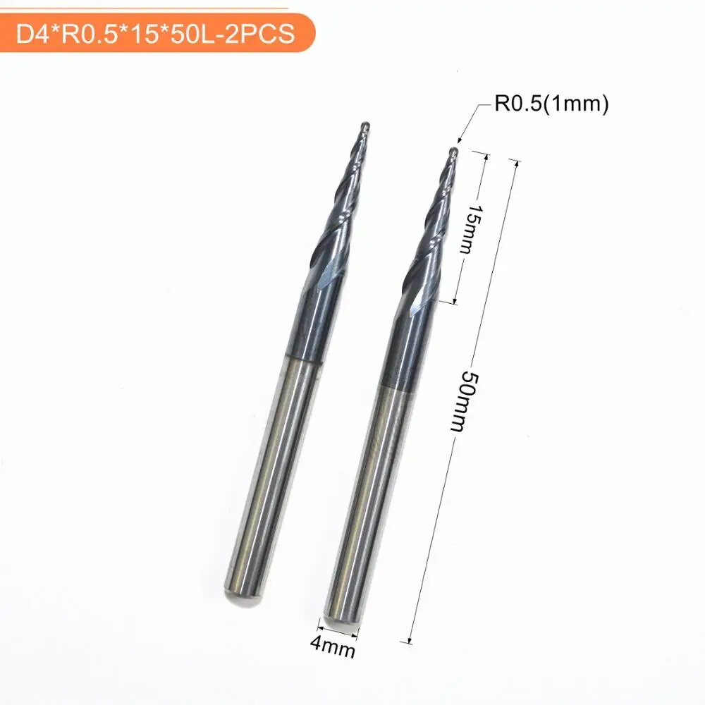 2 шт, R0.5*D4*15*50L, HRC55, твердосплавные конические фрезы с шаровым наконечником, с покрытием TiALN, конические и цилиндрические фрезы, для дерева