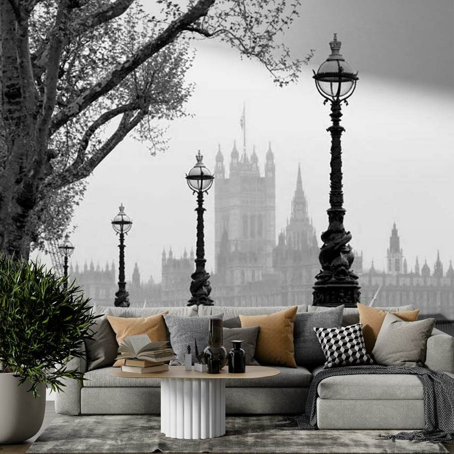 Фотообои Лондон черно белая улица в дымке 9-473-L-Флок 270 x 400 см (ВхШ) Бесшовные, флизелиновые, влагостойкие обои MasterFresok