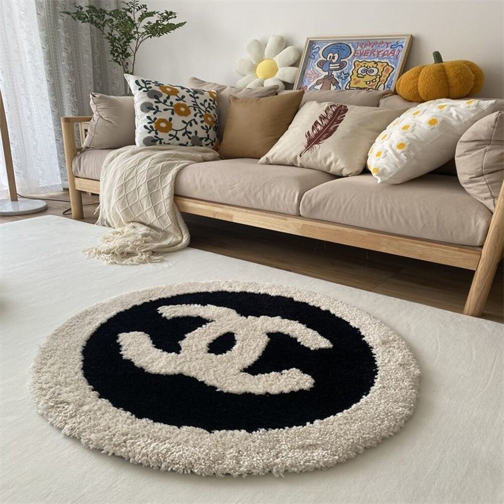 Круглый ковер Подвесная корзина для гостиной, ворсистый нескользящий диван, журнальный столик, одеяло, Легкая роскошная прохладная спальня, теплый флокированный коврик Double C (розово-белый) 60* 60 см (вязаный флокированный)