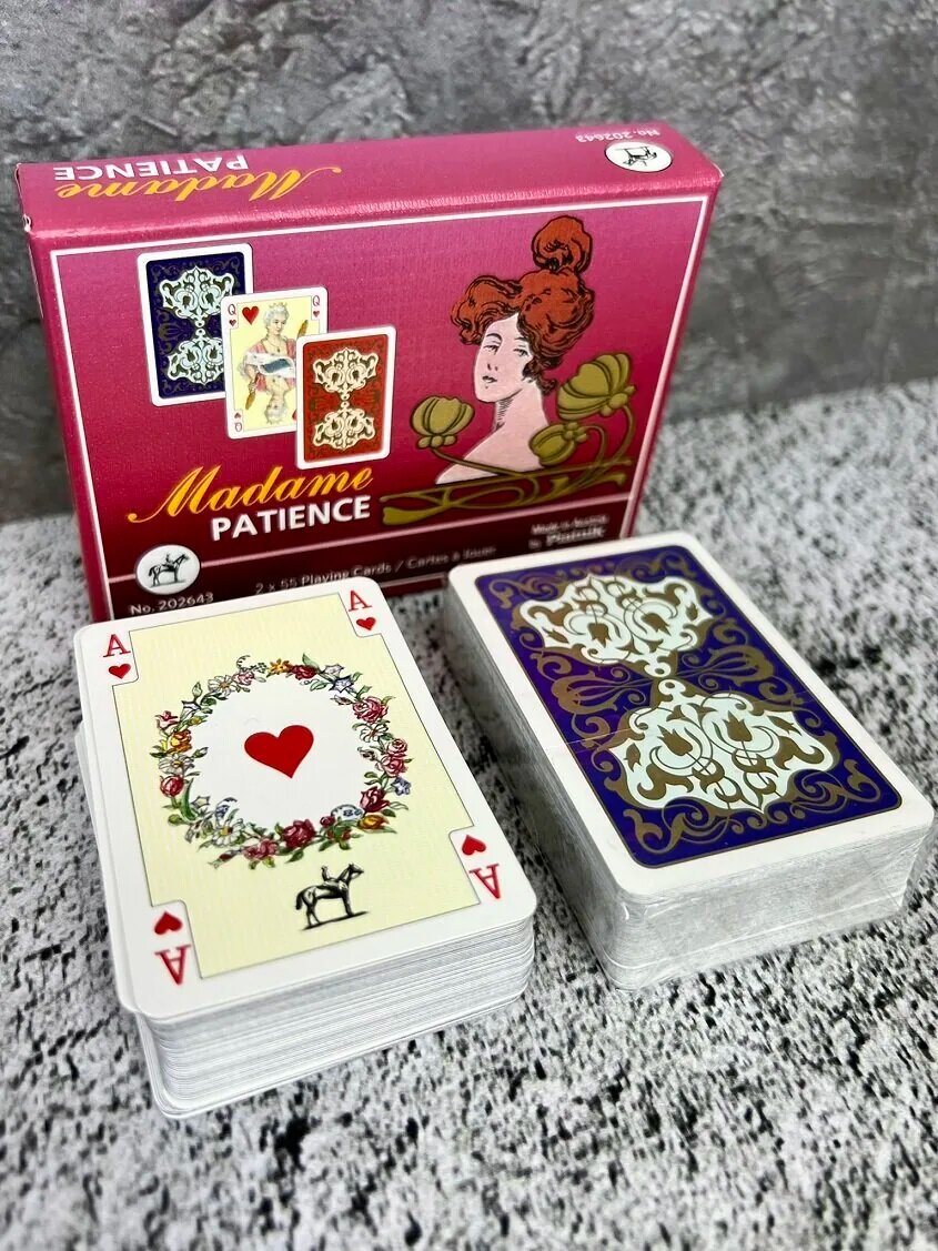 Пасьянсные карты "Мадам Пасьянс", 2 колоды по 55 листов, размер карты: 4,4х6,6 см.